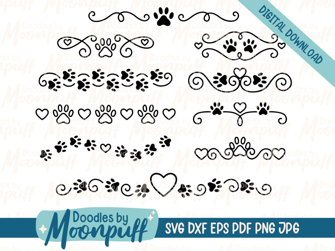 Hand-drawn Paw Print Text Dividers SVG Clipart, Cute Dog Cat Pet Tracks ...