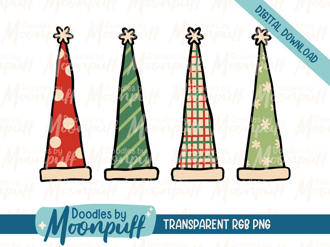 4 Santa Hats Doodles Sublimation Design, Cute Hand Drawn Holiday PNG ...