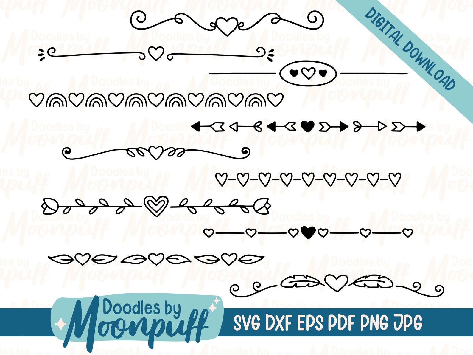 Hand-Drawn Heart Dividers Set 3 Long borders SVG cut file | Etsy