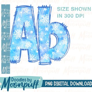 Snowflakes on Blue Watercolor Background Doodle Alphabet Letters Transparent Pngs, Sublimation ...