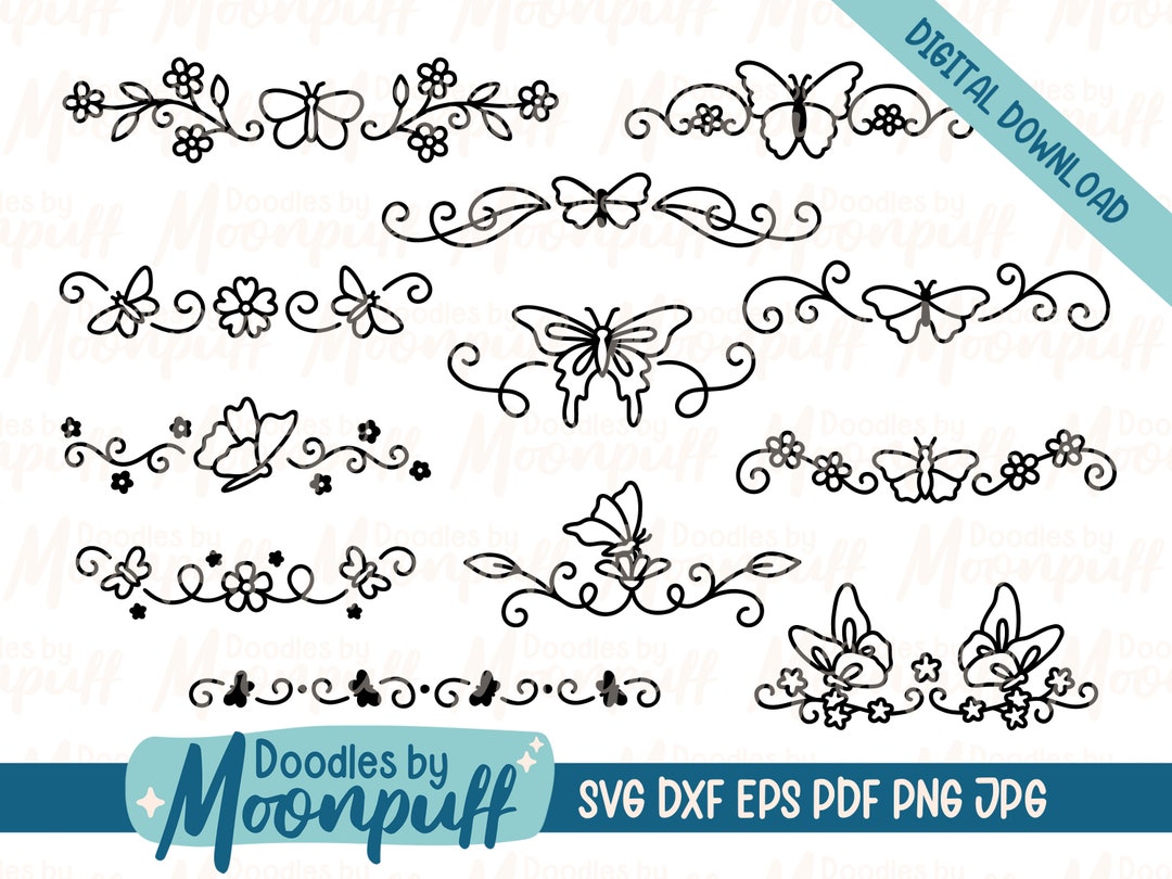 Butterfly Text Dividers SVG Clipart, Hand-drawn Nature Spring Insect ...