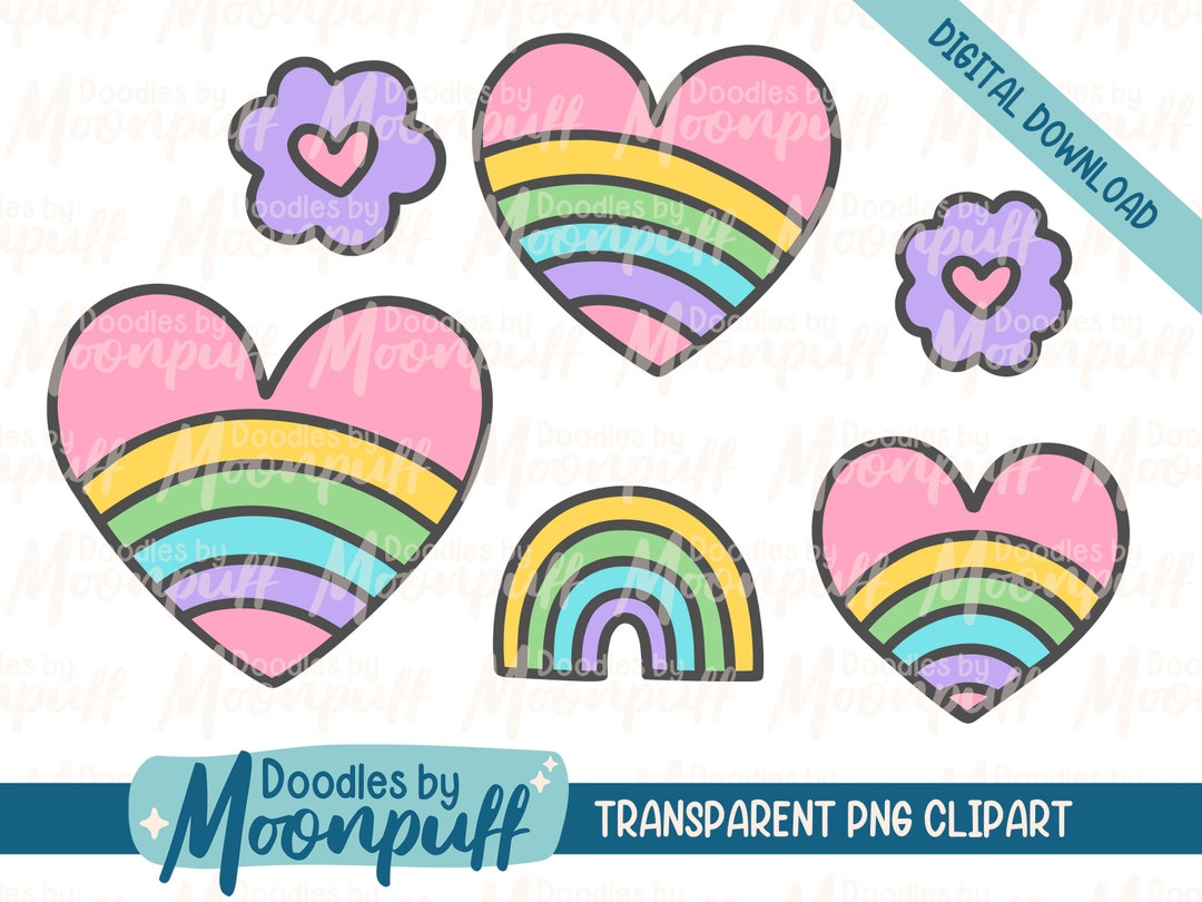Rainbow Hearts in Pastel Colors Hand Drawn Clipart Set, Cute Valentines ...