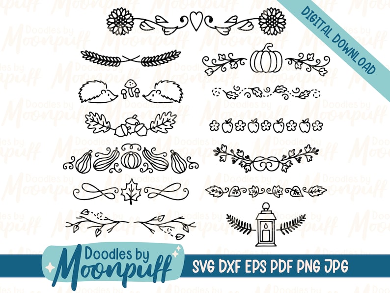 Hand-drawn Autumn Dividers SVG Cut File, Leaves Fall Pumpkin Border ...