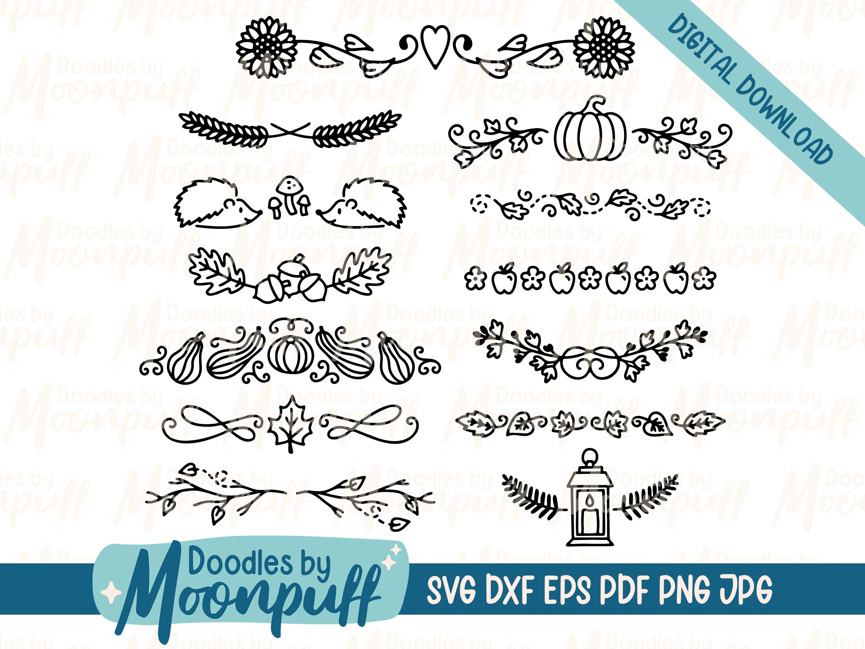 Hand-drawn Autumn Dividers SVG Cut File, Leaves Fall Pumpkin Border ...