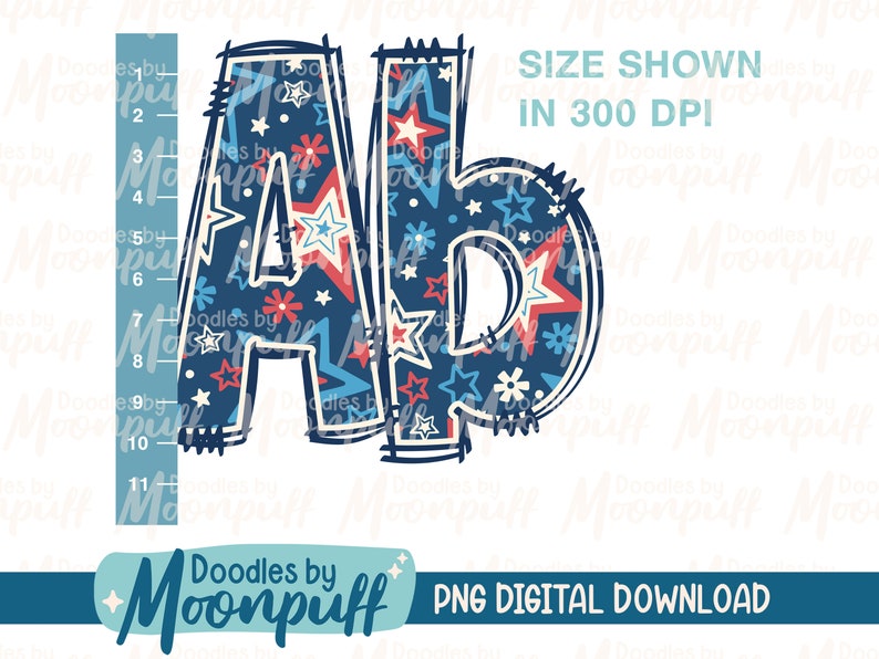 Red White & Blue Stars Doodle Alphabet Letters Transparent - Etsy