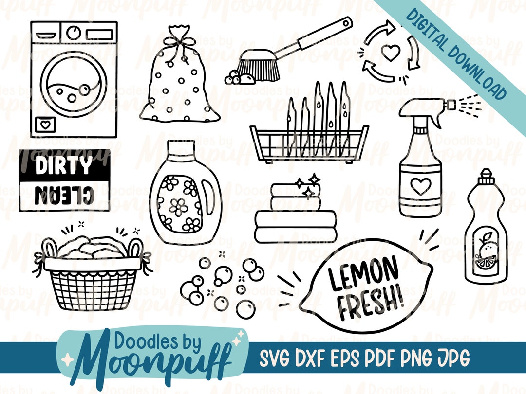 Cleaning Set 1 Black Outline Clipart Icons, Chores Hand-drawn Doodle ...