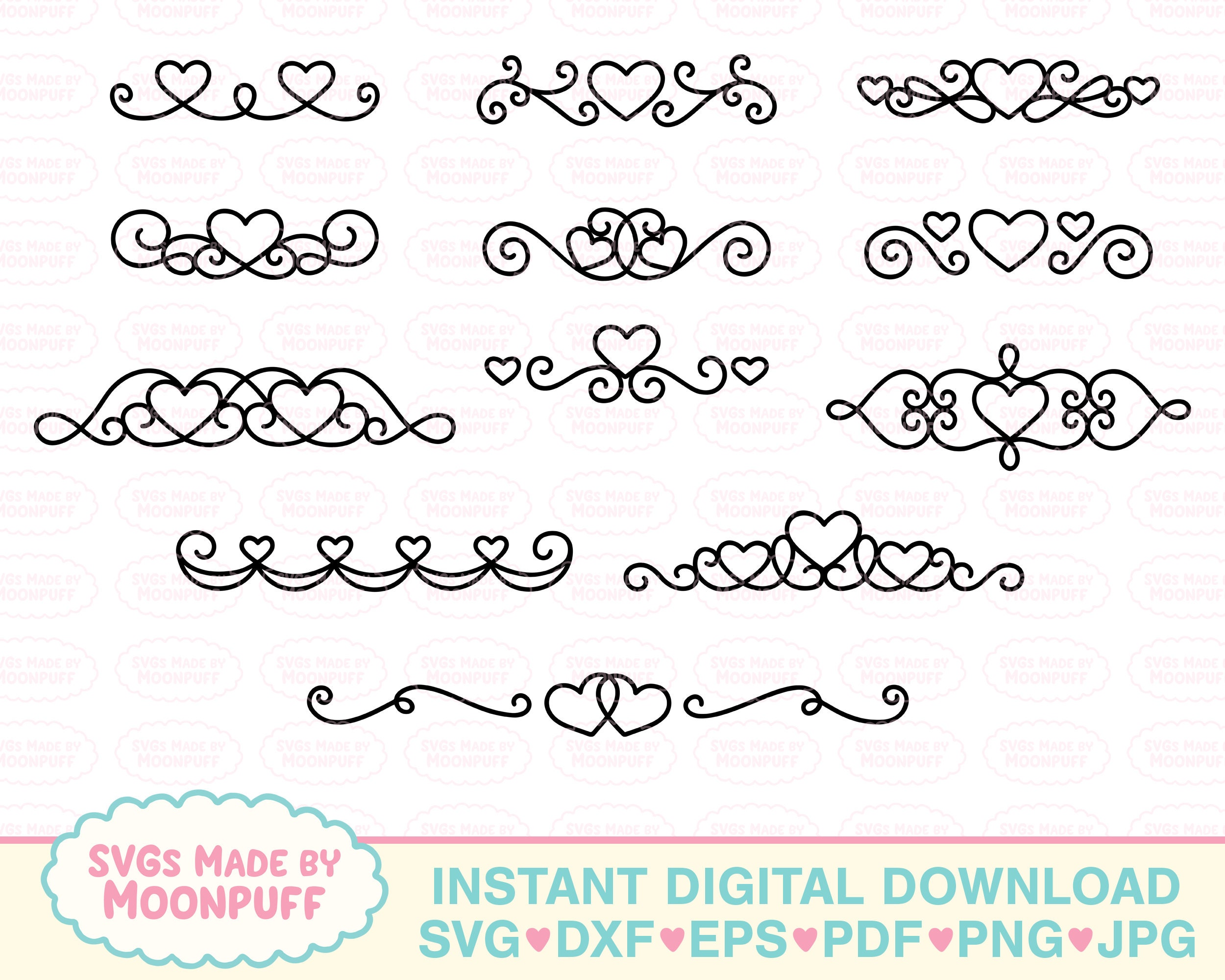 Elegant Heart Scroll Text Dividers SVG clipart Wedding | Etsy