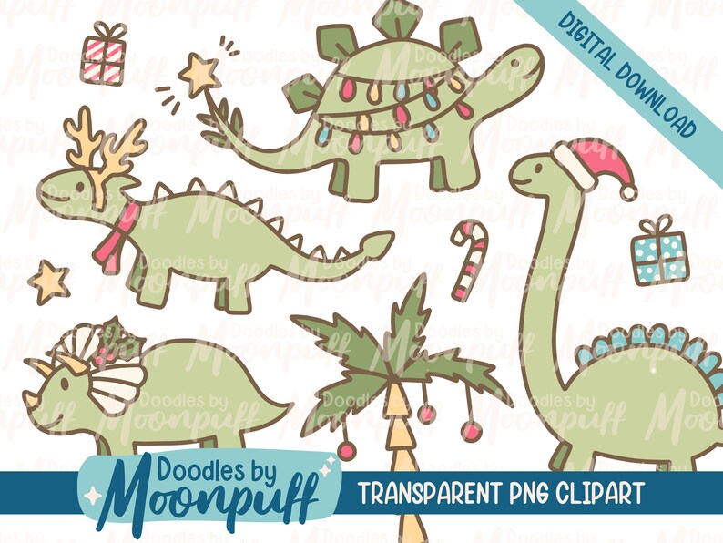 Christmas Dinos Clipart, Cute Kids Holiday PNG Clipart, Festive ...
