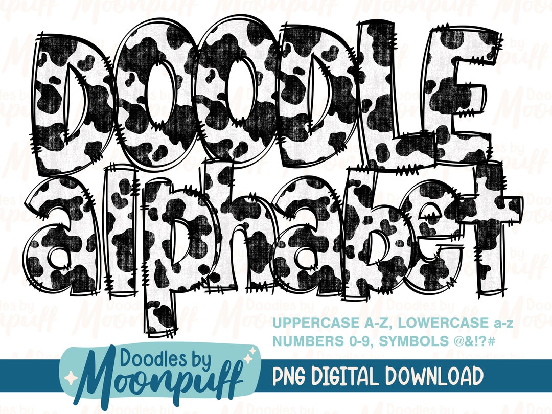 Distressed Black & White Cow Print Doodle Alphabet Letters Transparent ...