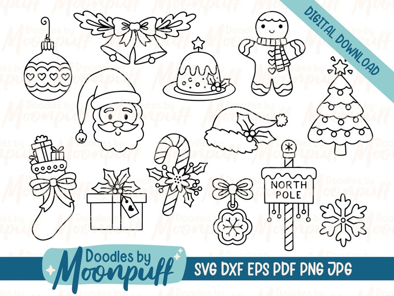 Cute Christmas Outline Clipart Icons, Festive Holiday Hand-drawn Doodle ...