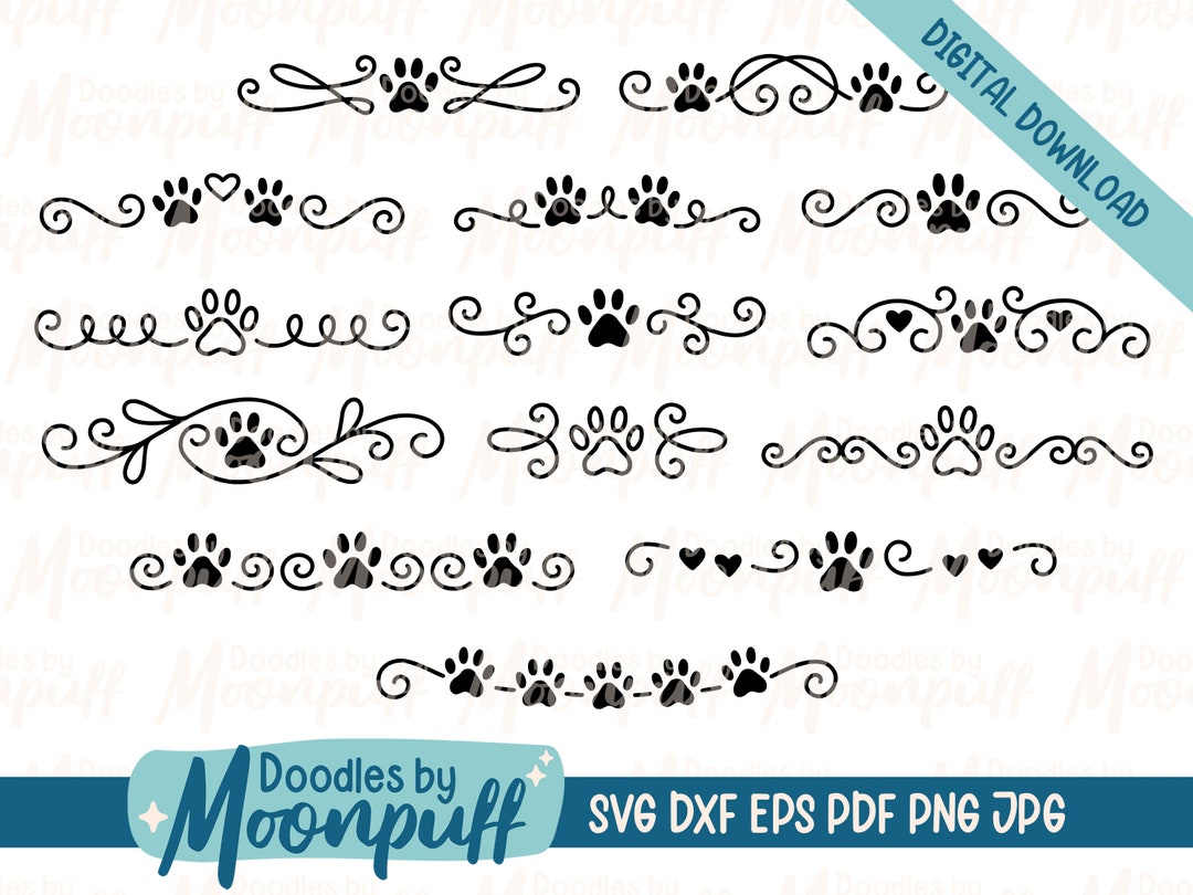 Paw Print Text Dividers Set 2 SVG Clipart, Cute Dog Cat Pet Tracks ...