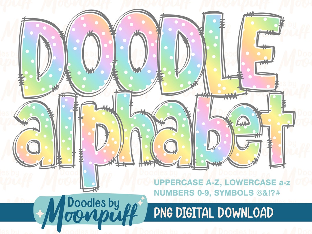 White Confetti on Pastel Rainbow Gradient Doodle Alphabet Letters ...