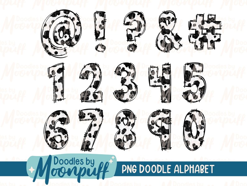 Distressed Black & White Cow Print Doodle Alphabet Letters Transparent ...