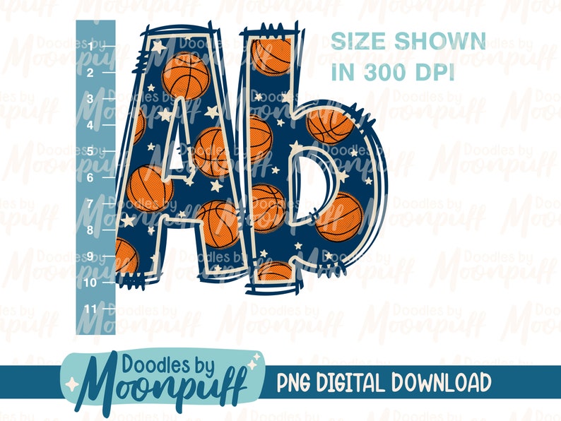 Basketball & Stars on Blue Doodle Alphabet Letters Transparent - Etsy