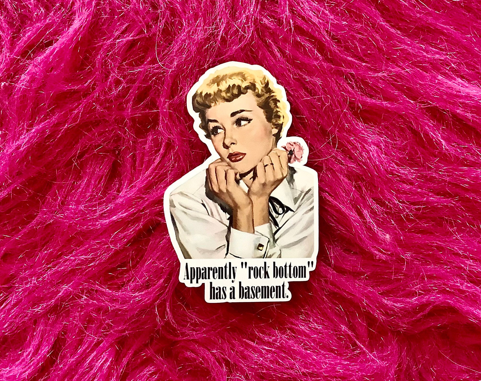 Retro Vintage Woman Funny Sticker, 1950s Decal, Rock Bottom Has a ...