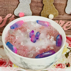 Marble Bowl Candle With Crystals and Stones Cotton Candy Crystals ...