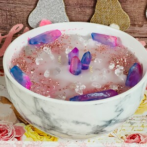 Marble Bowl Candle With Crystals and Stones Cotton Candy Crystals ...