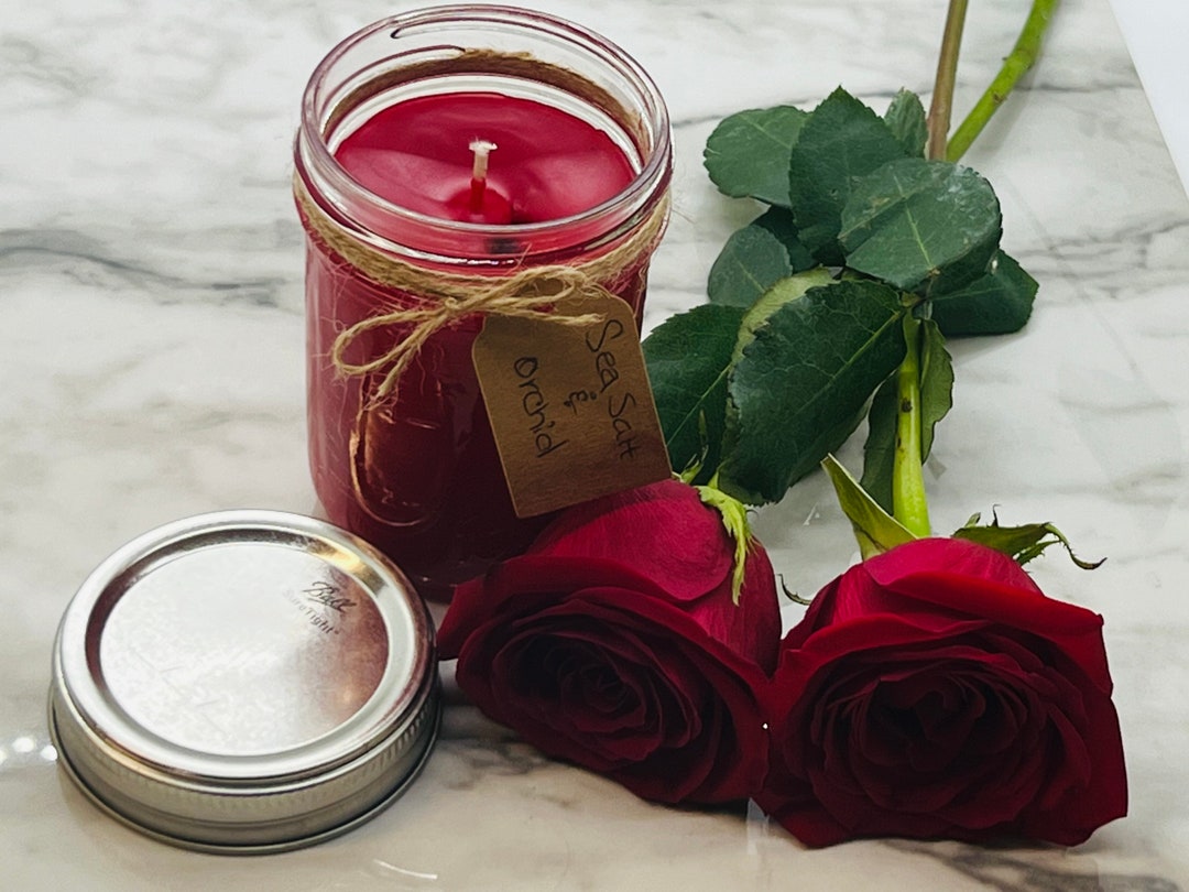 Mason Jar Candle With Crackling Wood Wick. Red Sea Salt and Orchid ...