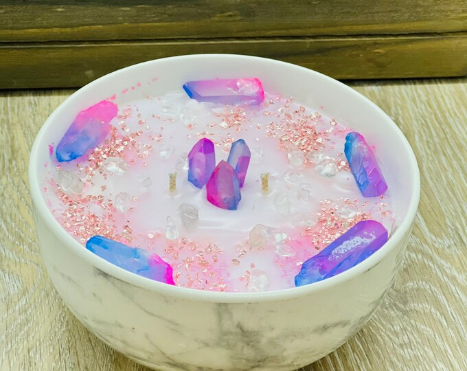 Marble Bowl Candle With Crystals and Stones Cotton Candy Crystals ...