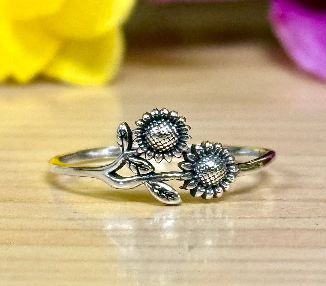 Sunflower Dainty Stackable Ring Solid 925 Sterling Silver Two Sunflowers Ring Womens Silver Ring ...