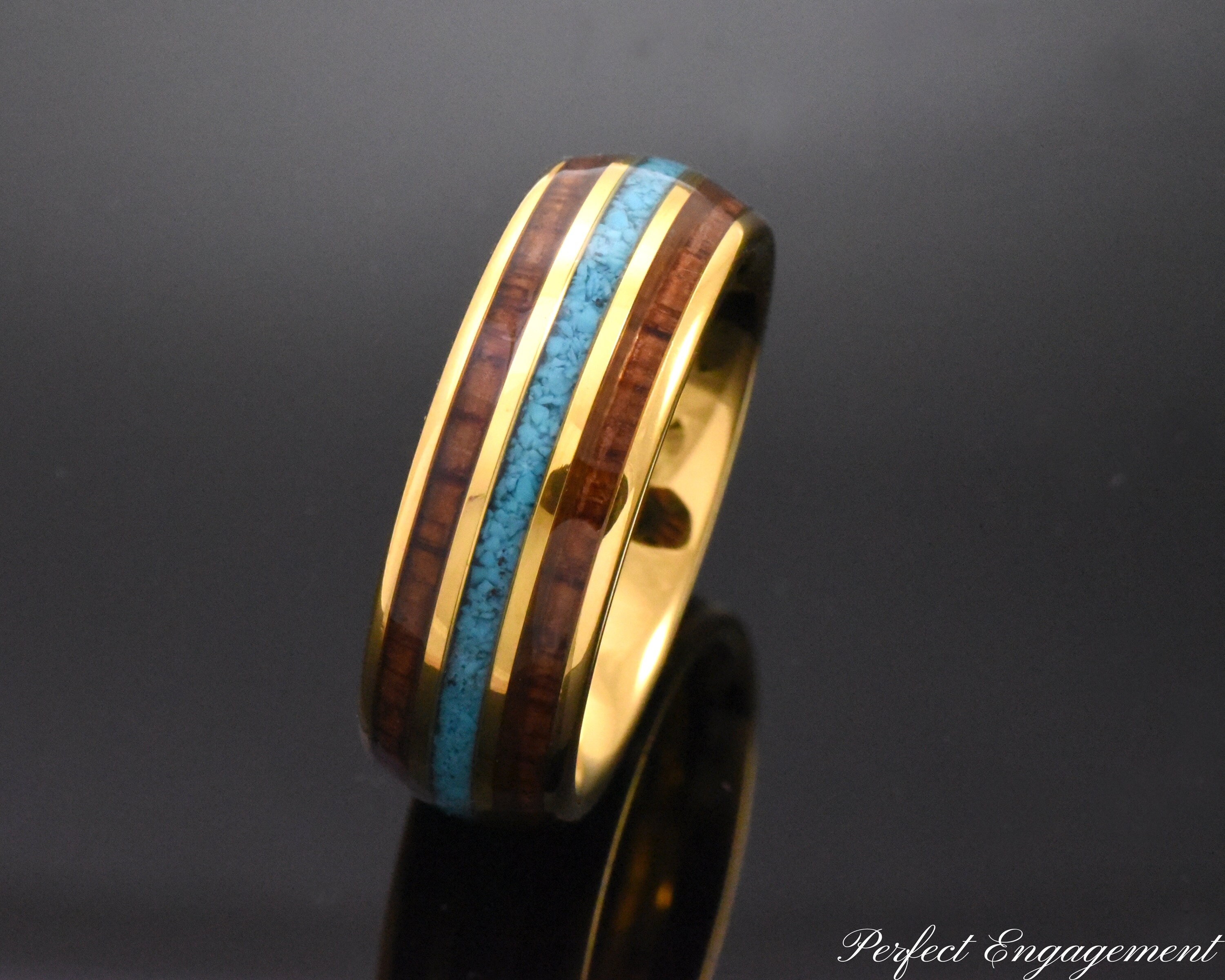 Mens Turquoise & Wood Inlay Wedding Ring, Unique Gold Tungsten Ring ...