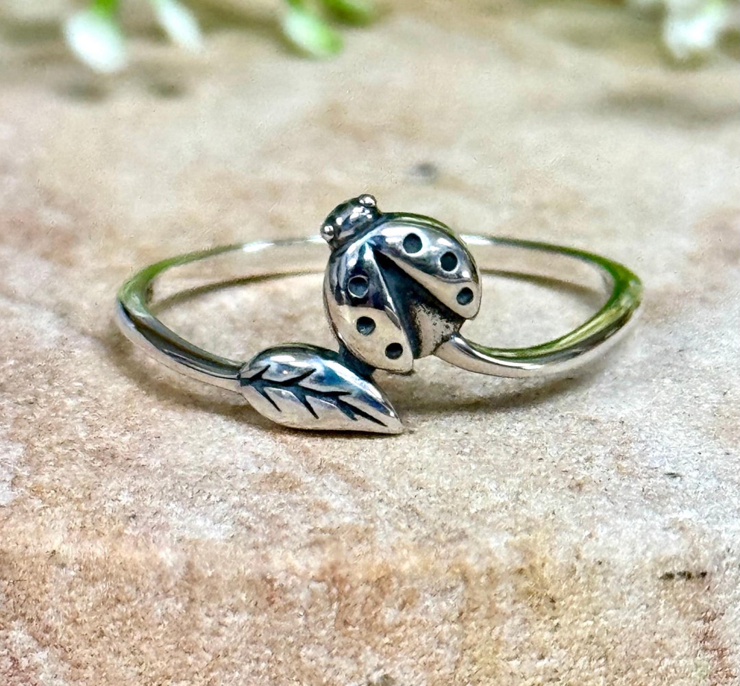 Ladybug Leaf Statement Ring Solid 925 Sterling Silver Small Beetle Ring ...