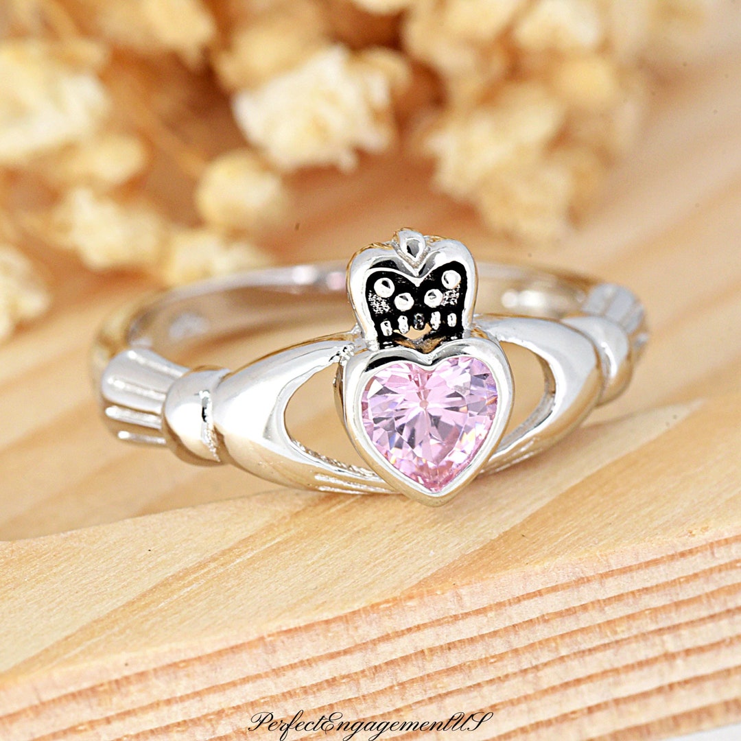 Bezel Set Pink CZ Claddagh Hands Crown Ring | Solid 925 Sterling Silver ...