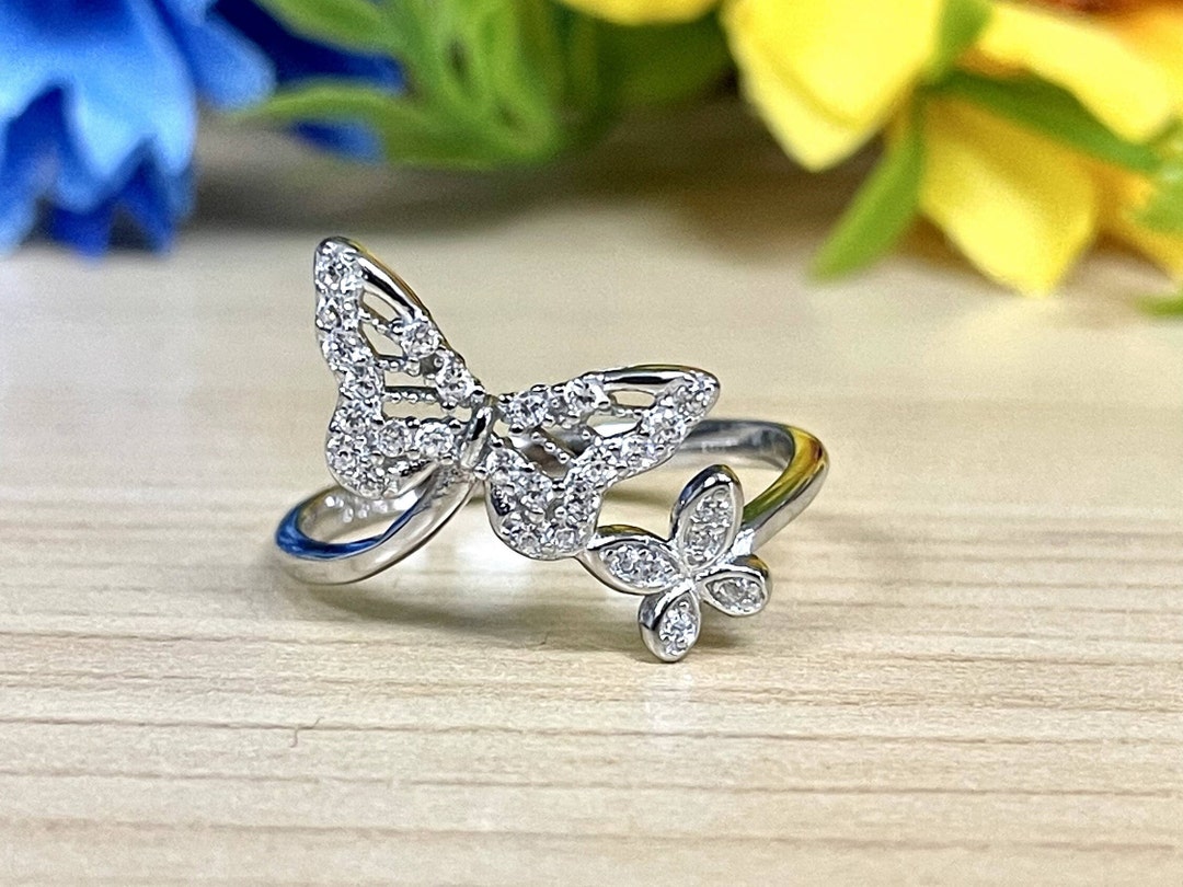 Double Butterfly Ring Solid 925 Sterling Silver Butterflies Ring Womens ...