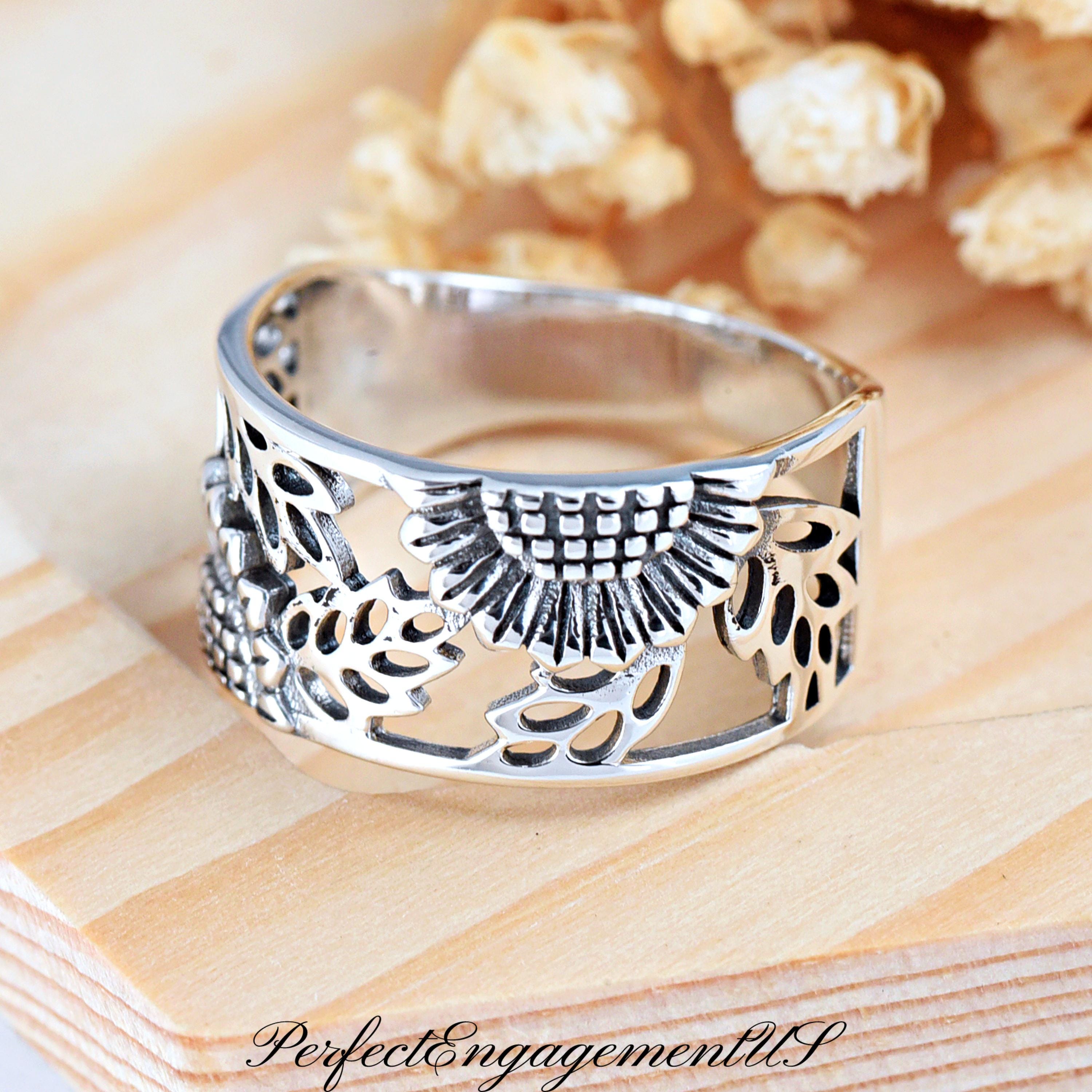 Sunflower With Leaves Statement Ring | Solid 925 Sterling Silver Flower ...