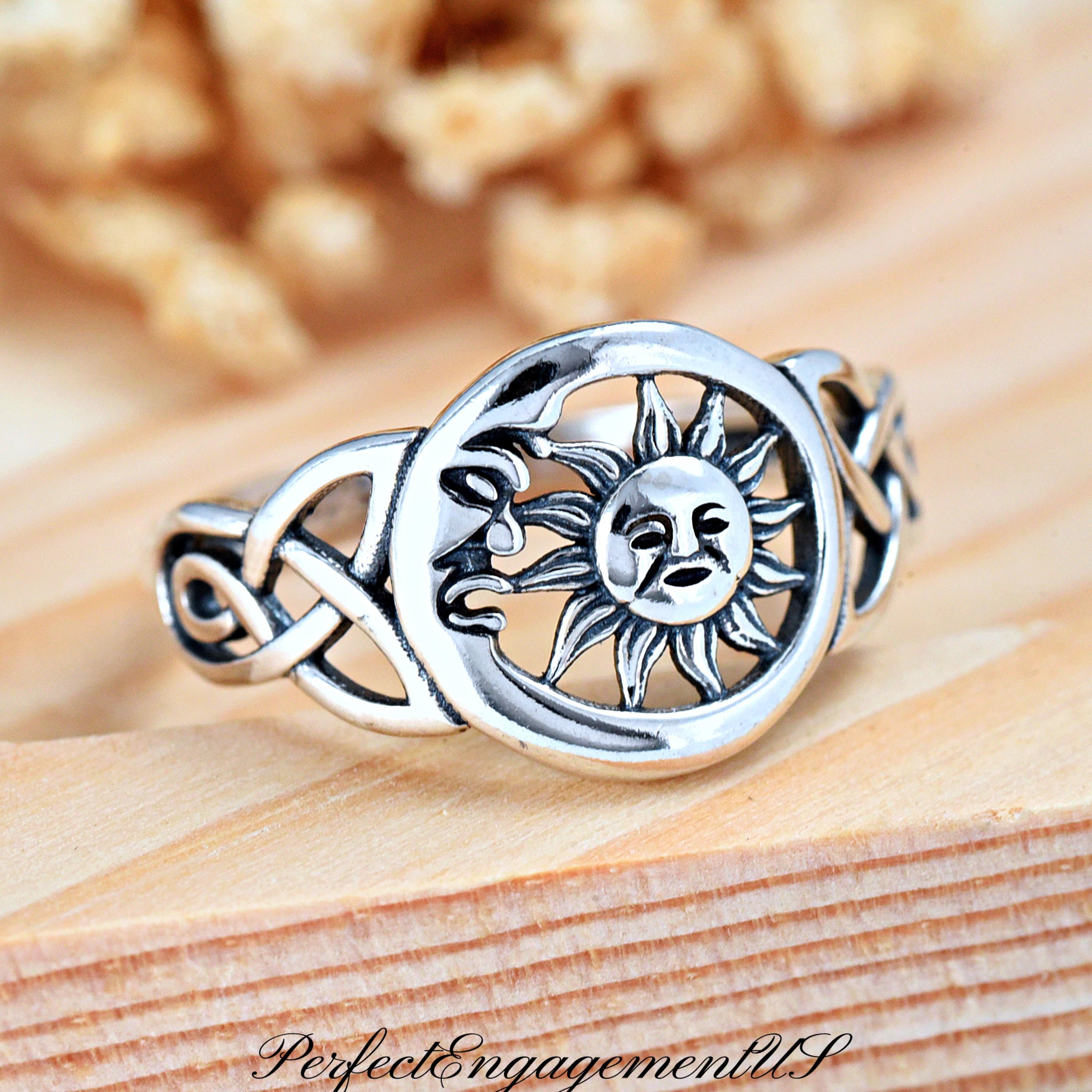 Celtic Moon Sun Ring Solid 925 Sterling Silver Half Moon Sun Ring Womens Silver Celestial Boho Ring Trendy Statement Jewelry Etsy