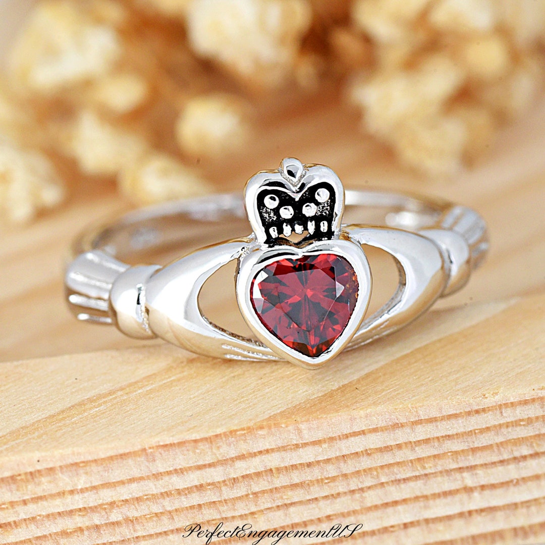 Bezel Set Garnet CZ Claddagh Hands Crown Ring | Solid 925 Sterling ...