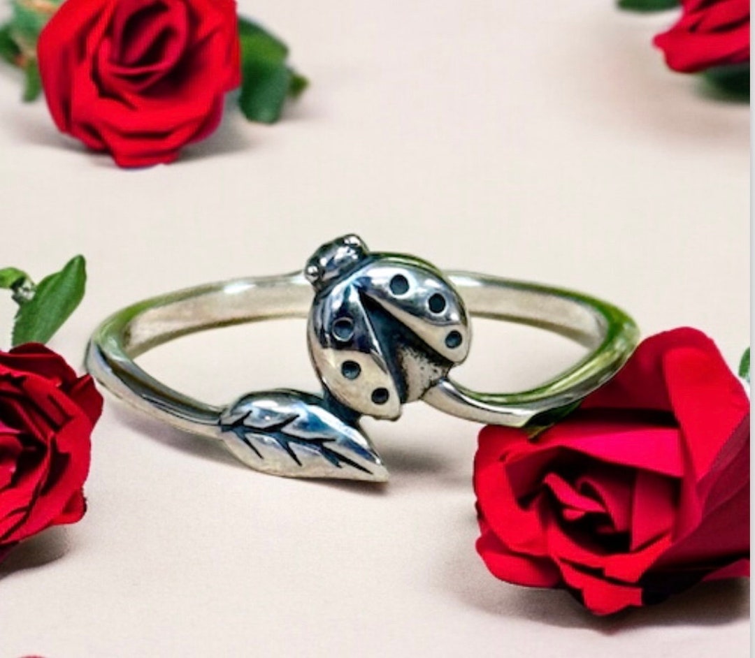 Ladybug Leaf Statement Ring Solid 925 Sterling Silver Small Beetle Ring ...