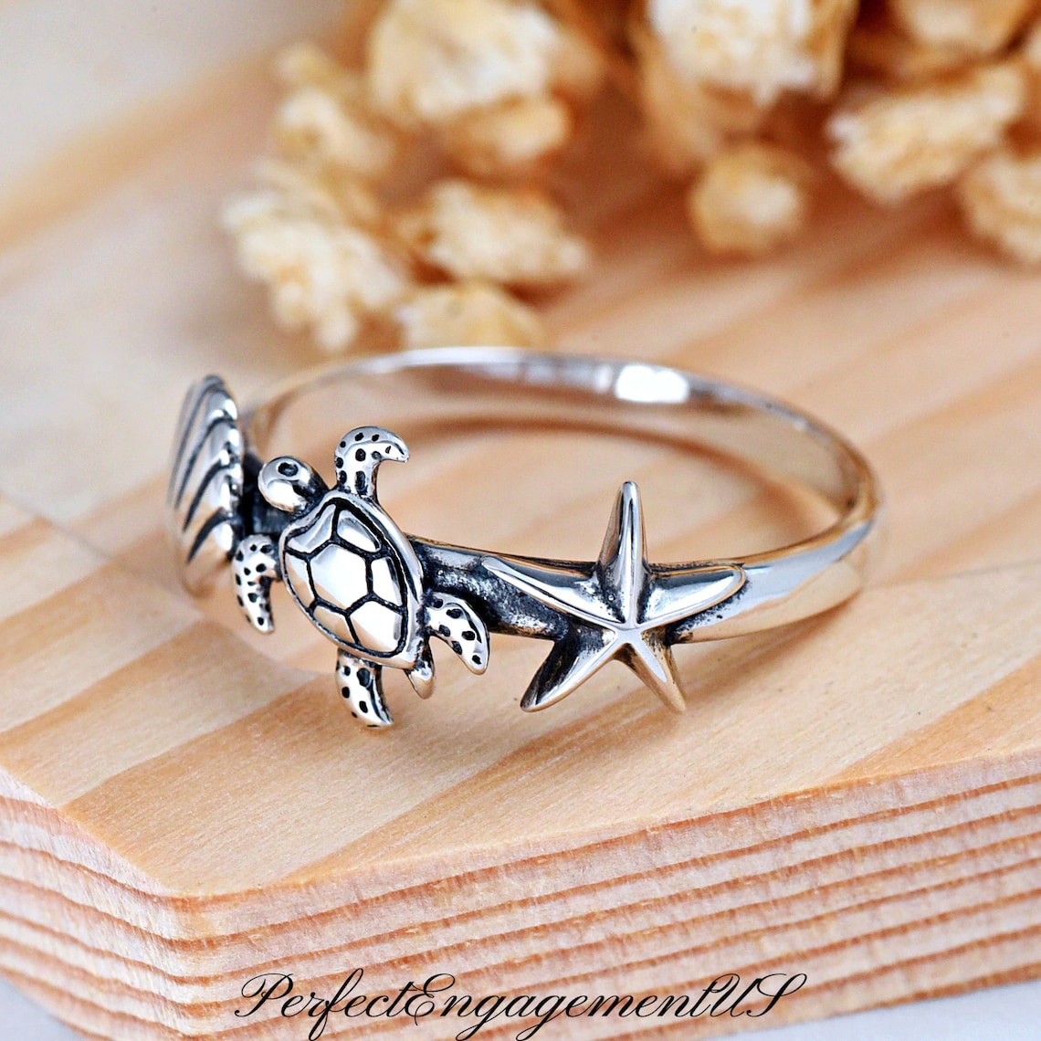 Sea Ocean Creature Shell Turtle Starfish Ring | Solid 925 Sterling ...