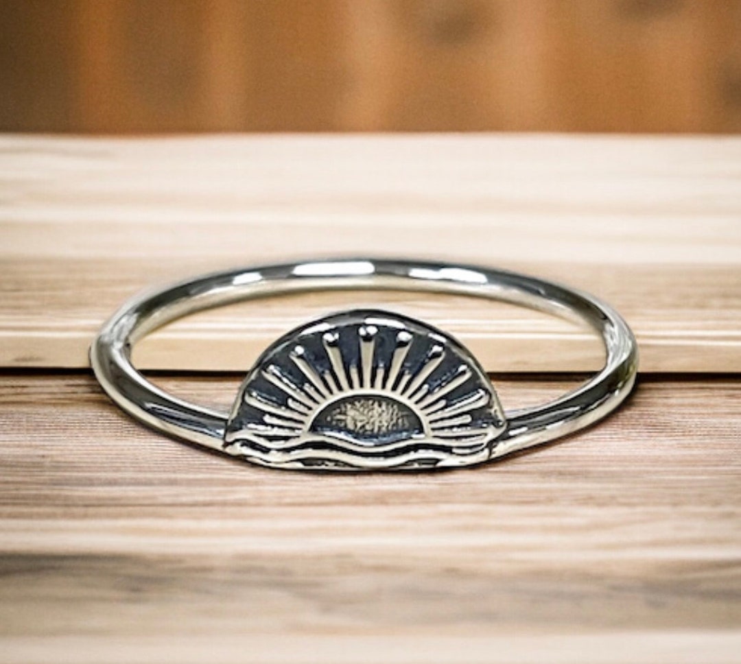 Sunrise Stackable Plain Ring Solid 925 Sterling Silver Sun & Sea Waves ...