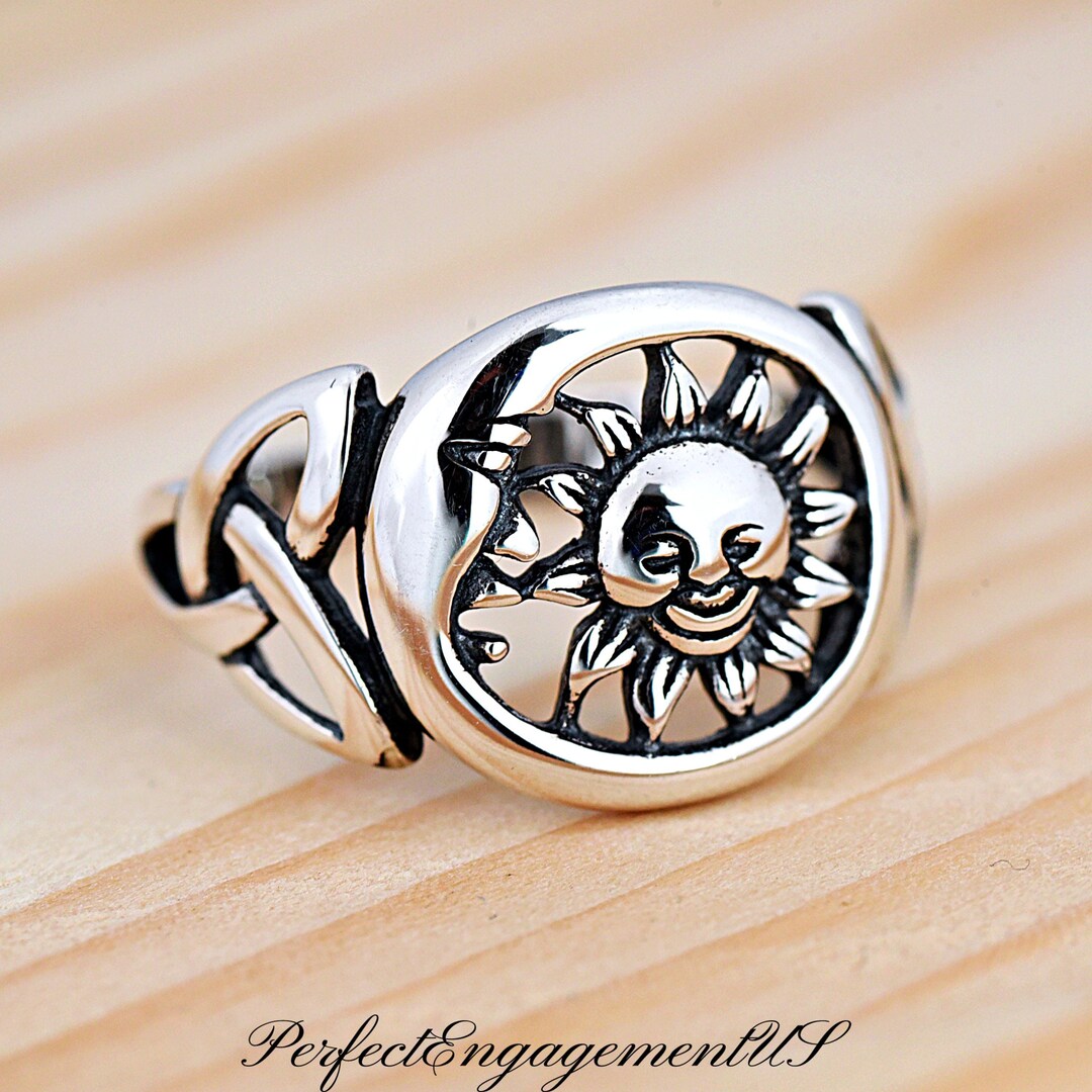 Crescent Moon Sun Trinity Knot Silver Ring | Solid 925 Sterling Silver ...