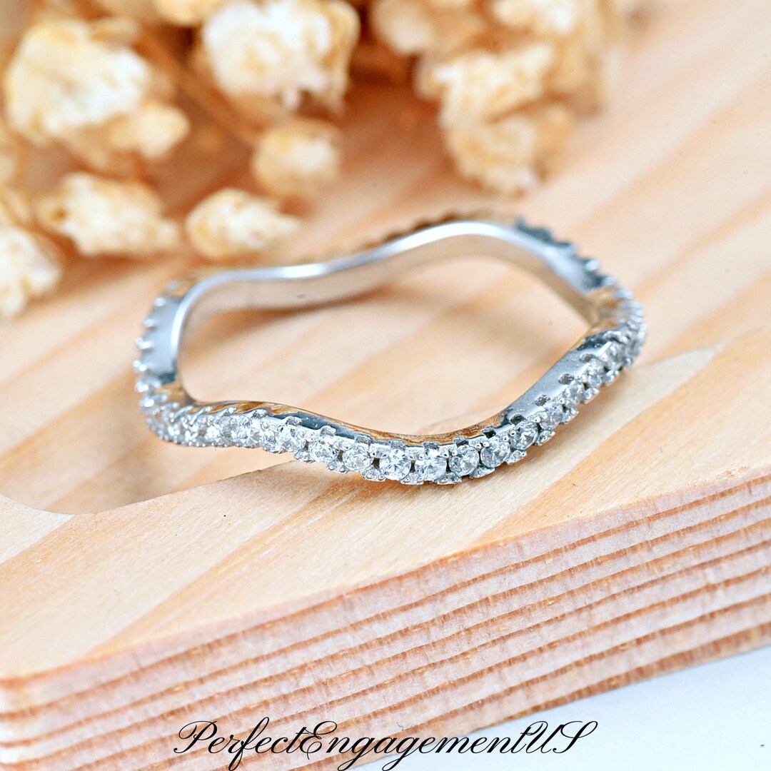 Full Eternity Wavy Pave Set CZ Thin Stackable Ring | Solid 925 Sterling Silver CZ Eternity Ring ...
