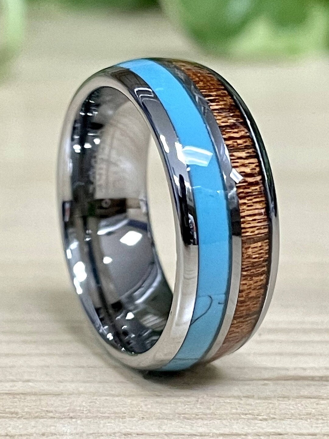 Laser Engrave Natural Blue Turquoise & Koa Wood Inlay Wedding Band, Men ...