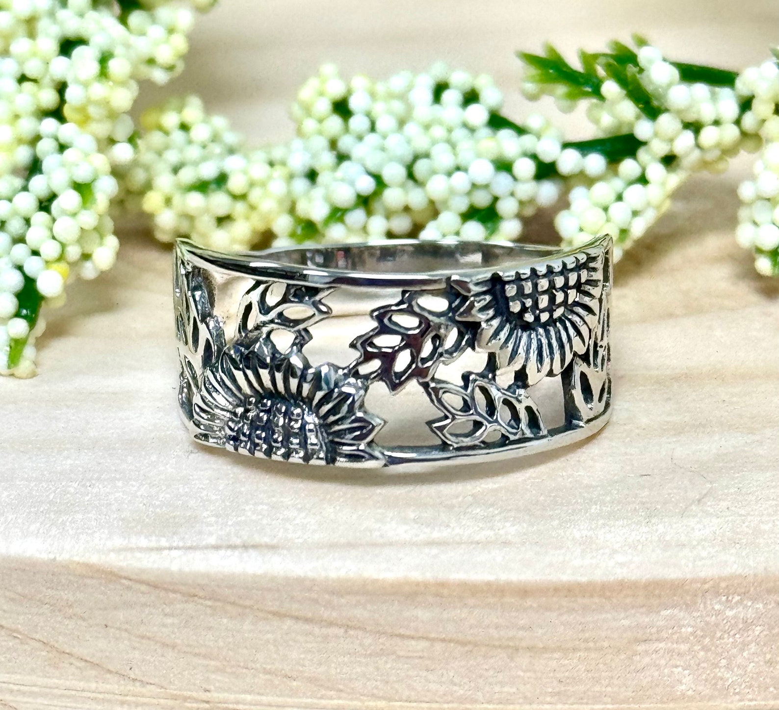 Sunflower With Leaves Statement Ring | Solid 925 Sterling Silver Flower ...