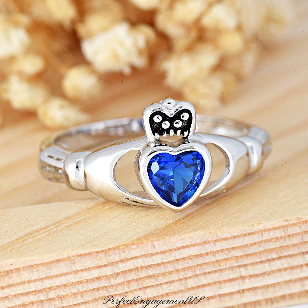 Bezel Set Blue Sapphire CZ Claddagh Hands Crown Ring | Solid 925 ...