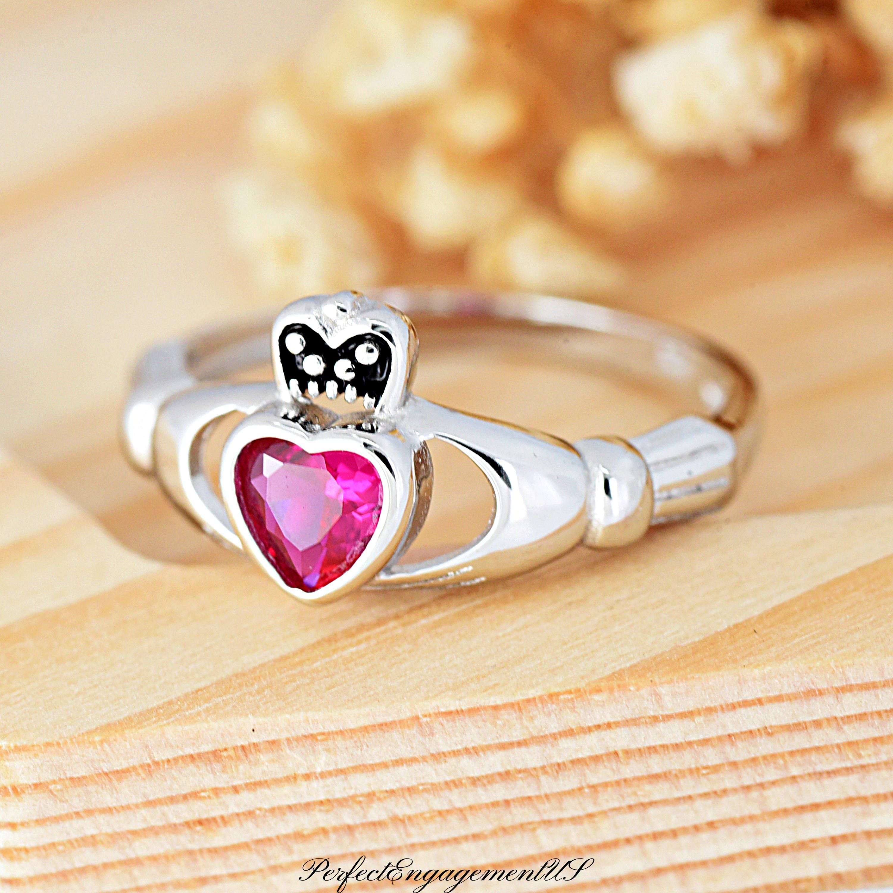 Bezel Set Ruby CZ Claddagh Hands Crown Ring | Solid 925 Sterling Silver ...