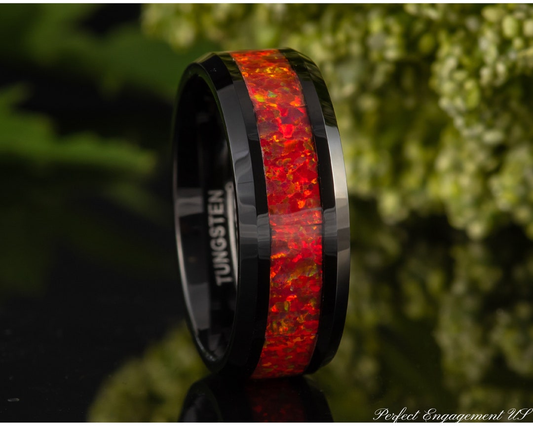 Black Tungsten Red Fire Opal Inlay Wedding Band | Men's Opal Tungsten ...