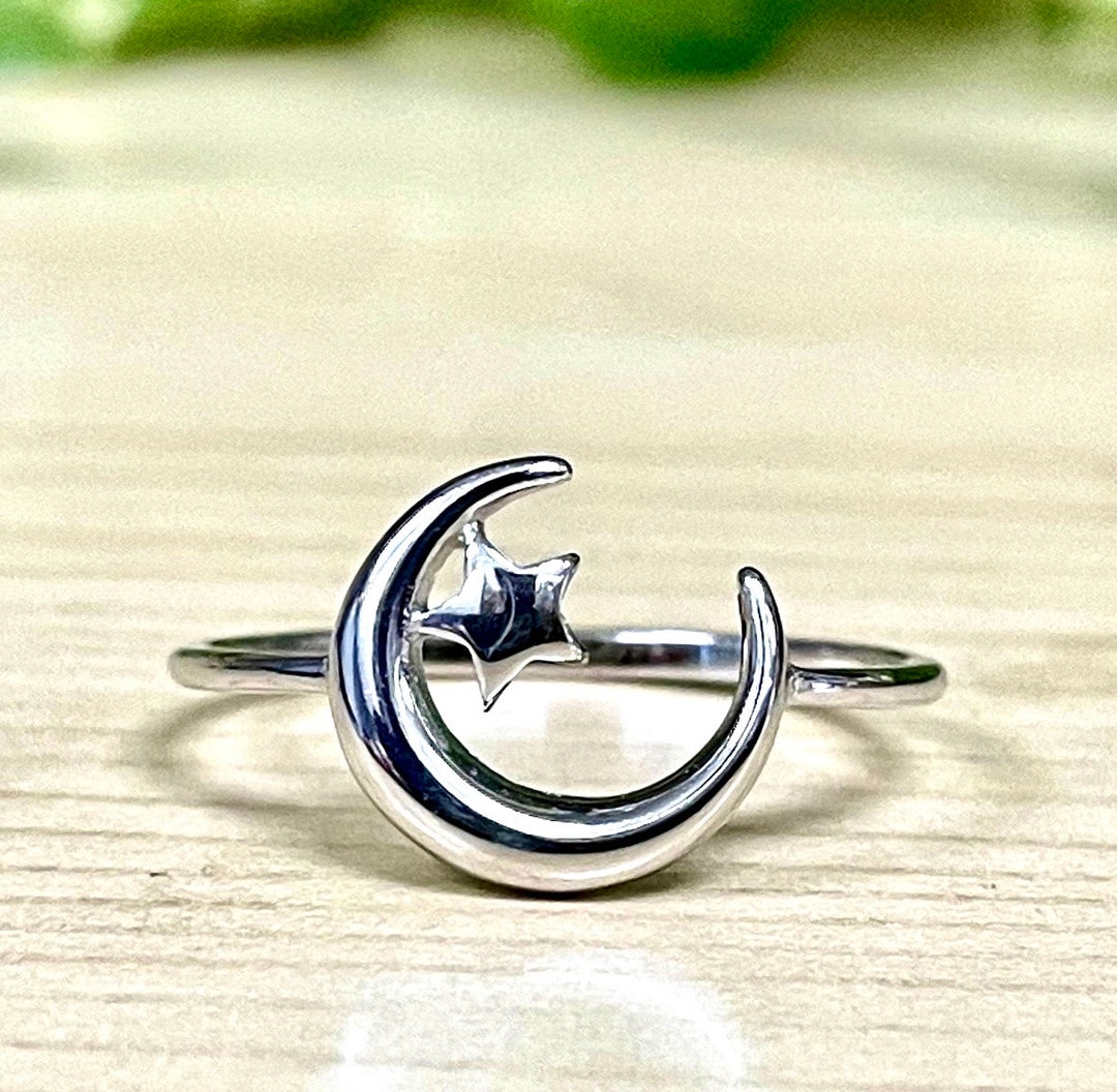 Crescent Moon & Tiny Star Ring Solid 925 Sterling Silver - Etsy