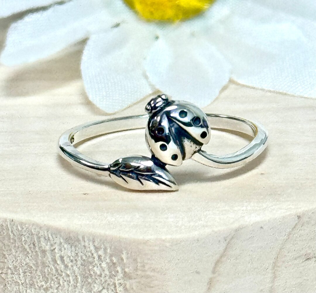 Ladybug Leaf Statement Ring Solid 925 Sterling Silver Small Beetle Ring ...