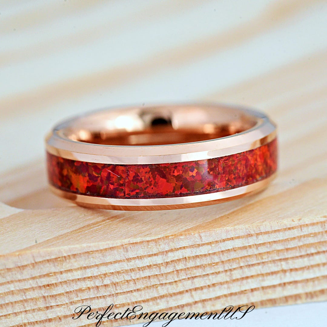 Rose Gold Plated Tungsten Red Opal Inlay Wedding Band | Opal Tungsten ...