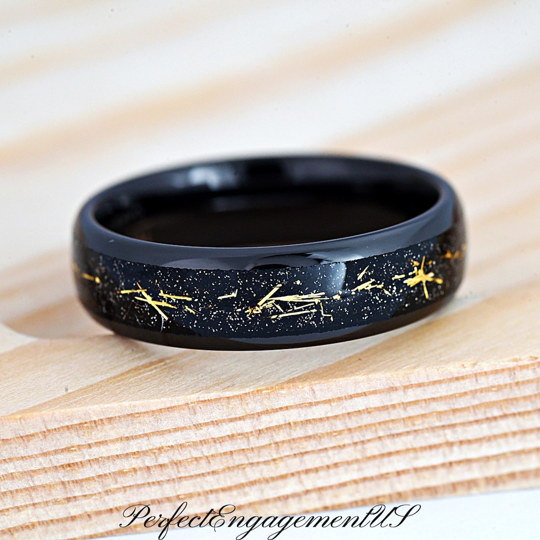 Black Tungsten Cosmic Galaxy Wedding Ring, Gold Plated Meteorite Milky ...