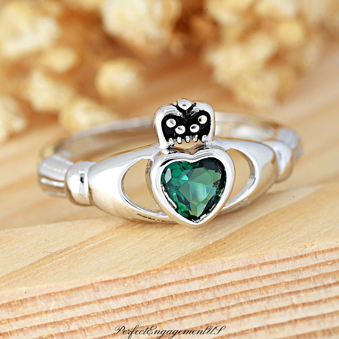 Bezel Set Emerald CZ Claddagh Hands Crown Ring | Solid 925 Sterling ...