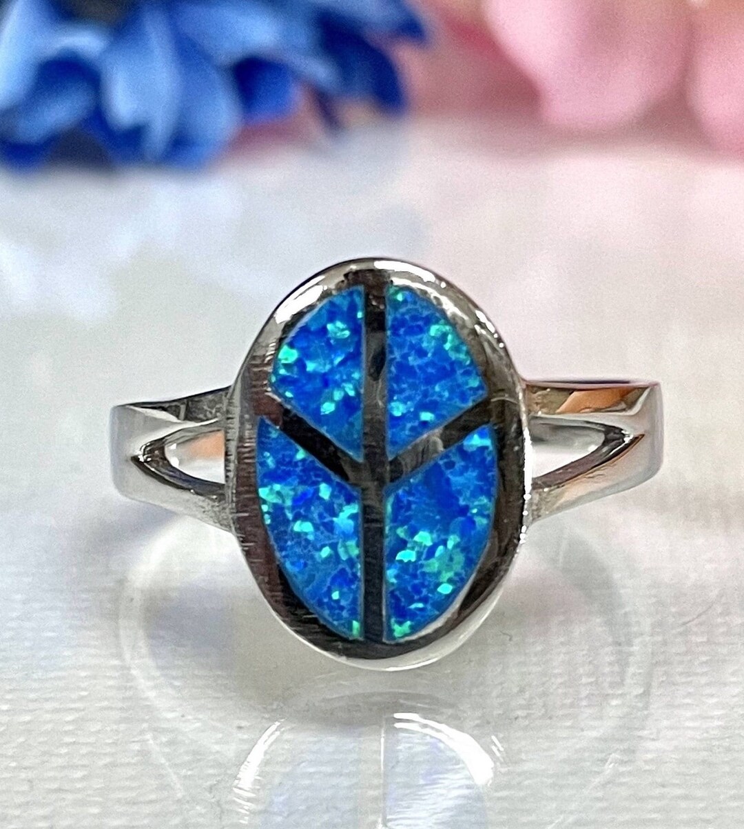 Peace Symbol Blue Lab Opal Ring Solid 925 Sterling Silver Opal Peace ...