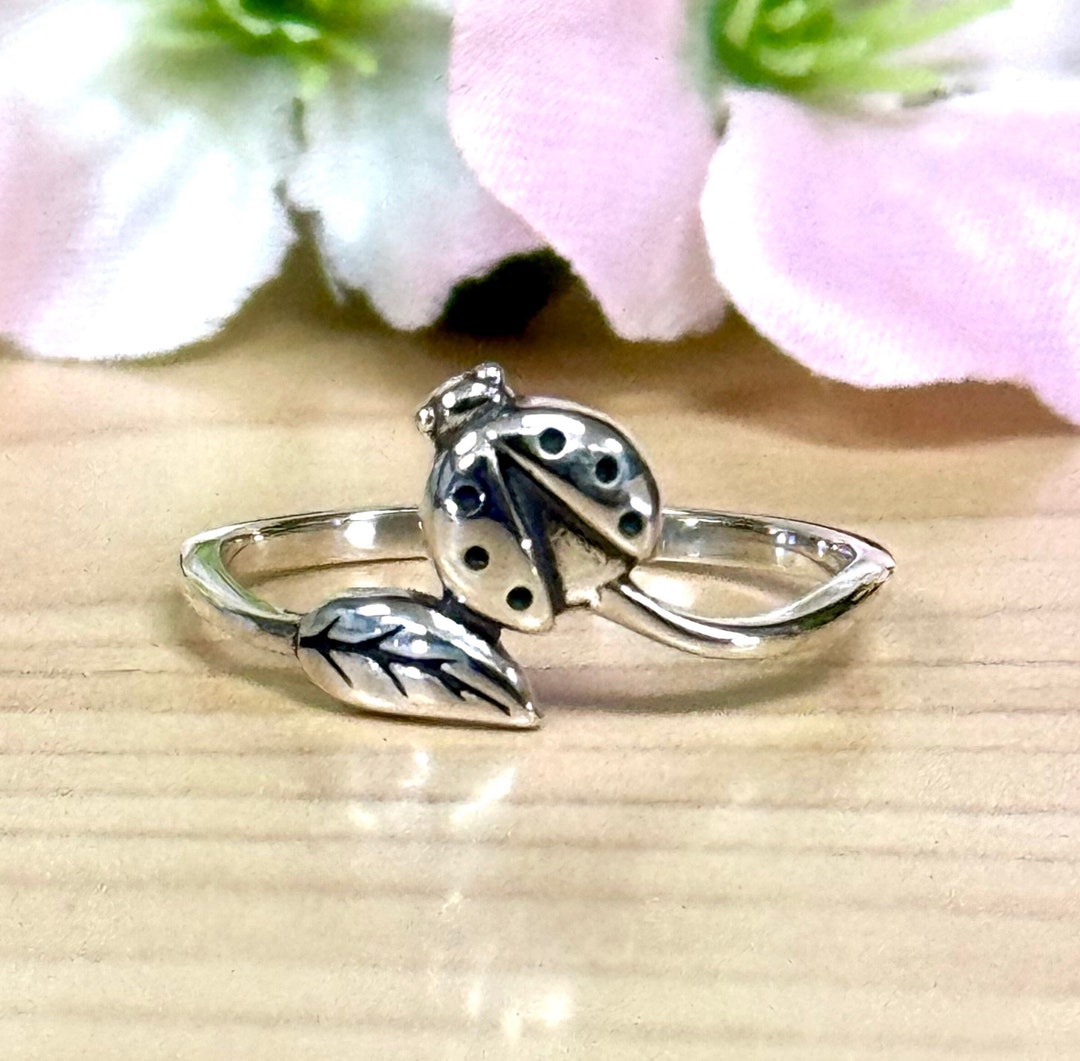 Ladybug Leaf Statement Ring Solid 925 Sterling Silver Small Beetle Ring ...