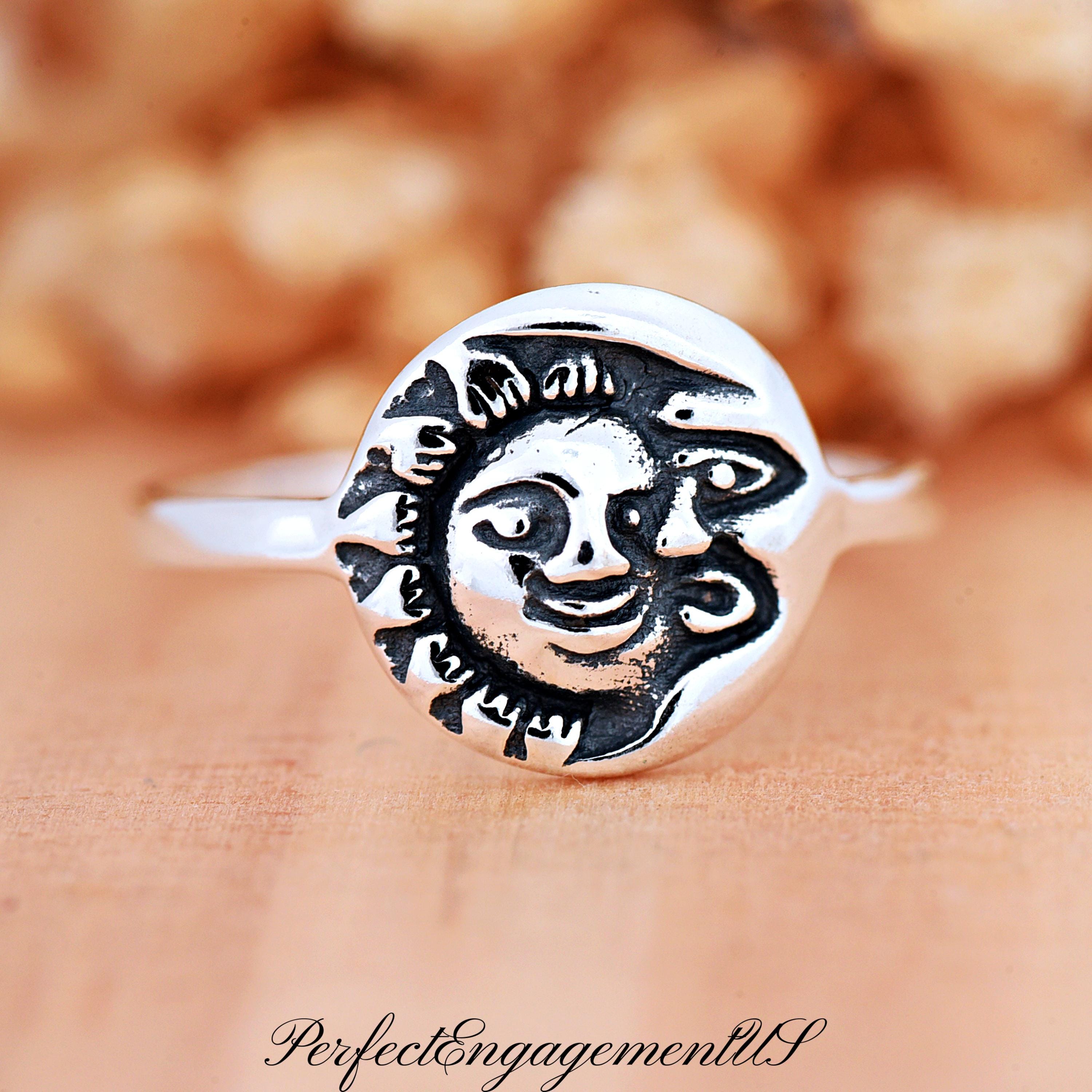Celestial Theme Sun & Crescent Moon Face Statement Ring | Solid 925 ...