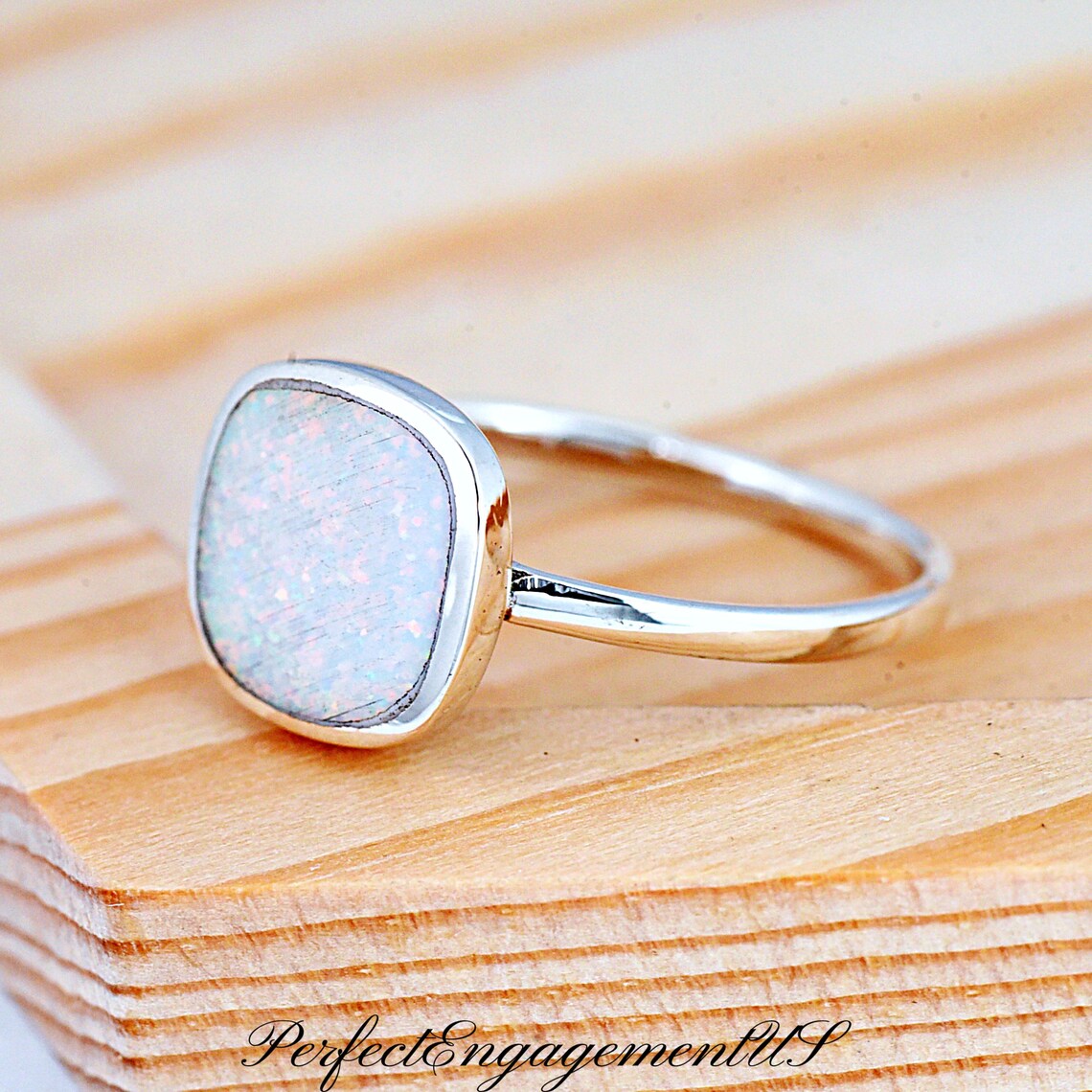 Simple 9mm Square Opal Bezel Set Engagement Ring | Solid 925 Sterling ...